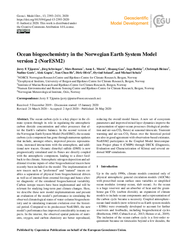 (PDF) Ocean biogeochemistry in the Norwegian Earth System Model version ...