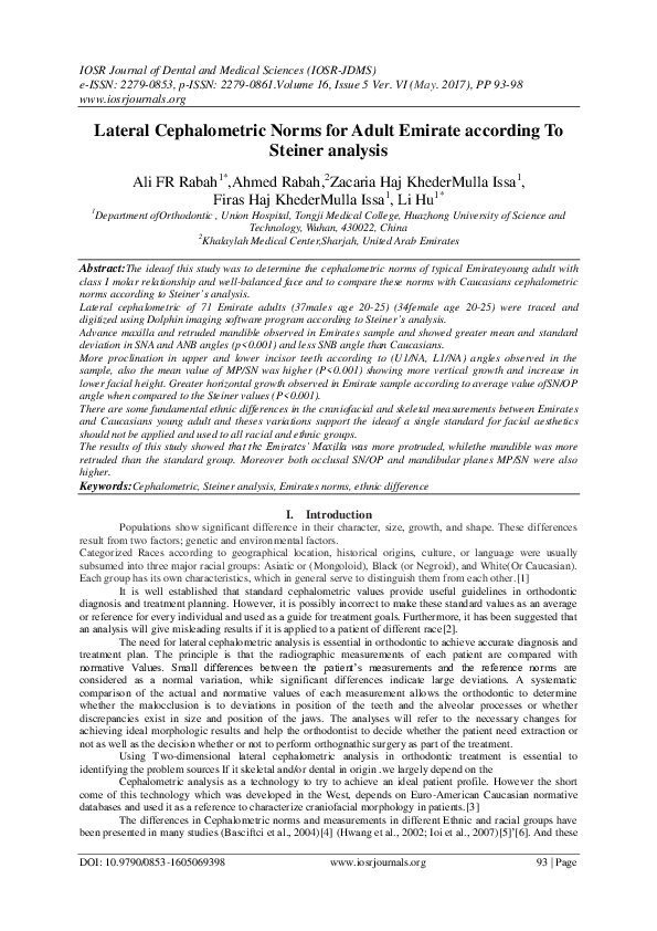 (PDF) Lateral Cephalometric Norms for Adult Emirate according To ...