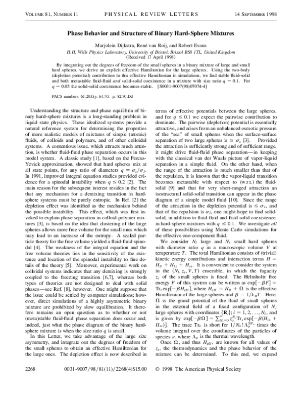 Pdf Phase Behavior And Structure Of Binary Hard Sphere Mixtures R