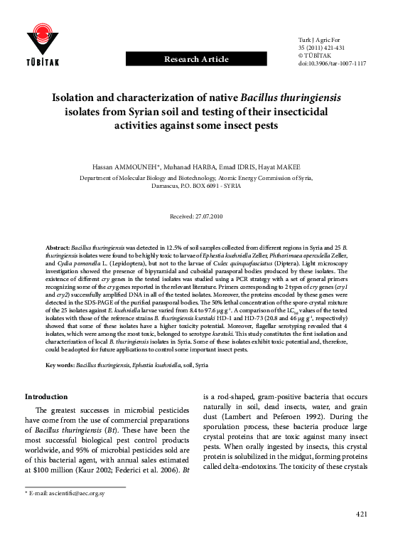 (PDF) Isolation and characterization of native Bacillus thuringiensis ...