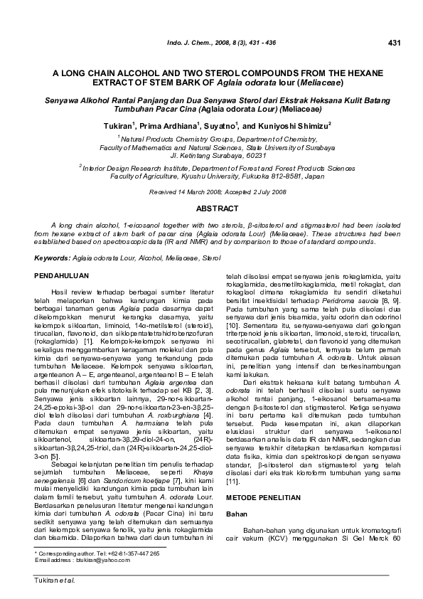 (PDF) A LONG CHAIN ALCOHOL AND TWO STEROL COMPOUNDS FROM THE HEXANE ...
