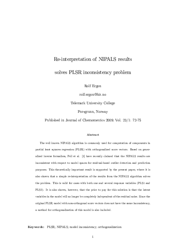 (PDF) Re‐interpretation of NIPALS results solves PLSR inconsistency problem
