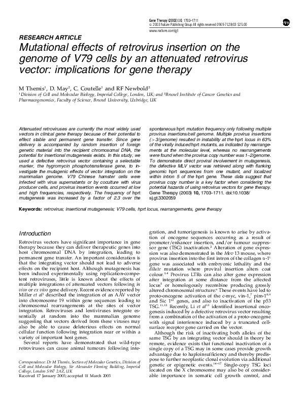 (PDF) Mutational effects of retrovirus insertion on the genome of V79 ...