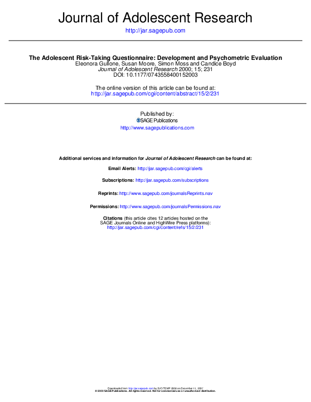 (PDF) The Adolescent Risk-Taking Questionnaire: development and ...