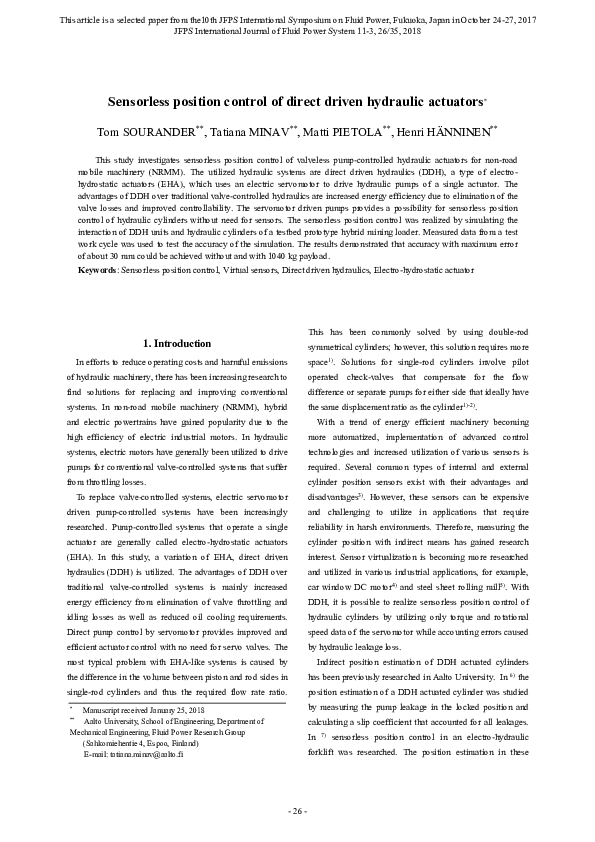 Pdf Sensorless Position Control Of Direct Driven Hydraulic Actuators
