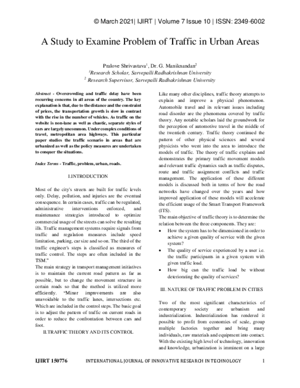 (PDF) A Study to Examine Problem of Traffic in Urban Areas