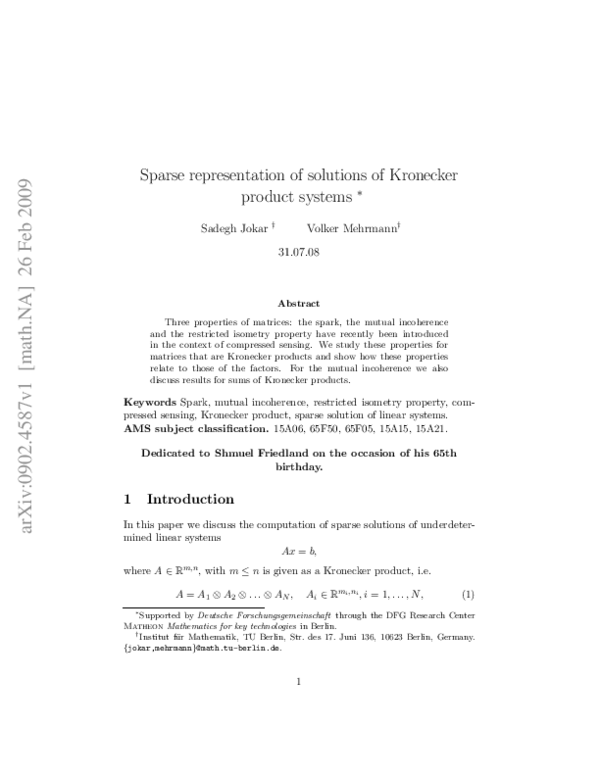 Pdf Sparse Representation Of Solutions Of Kronecker Product Systems