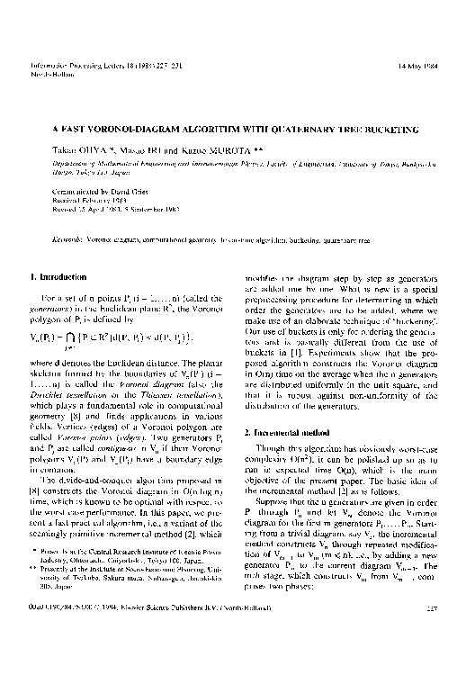 Pdf A Fast Voronoi Diagram Algorithm With Quaternary Tree Bucketing