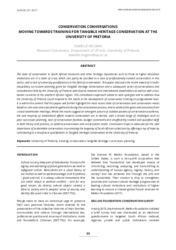 (PDF) Conservation conversations : moving towards training for tangible heritage conservation at ...