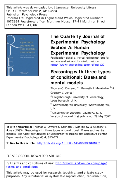 (PDF) Reasoning with three Types of Conditional: Biases and Mental Models