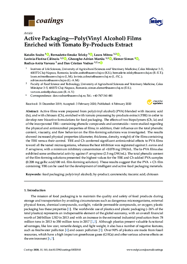 (PDF) Active Packaging – Poly(Vinyl Alcohol) Films Enriched with Tomato ...