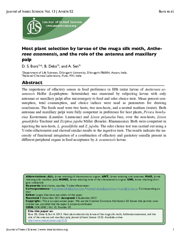 (PDF) Host Plant Selection by Larvae of the Muga Silk Moth, Antheraea ...