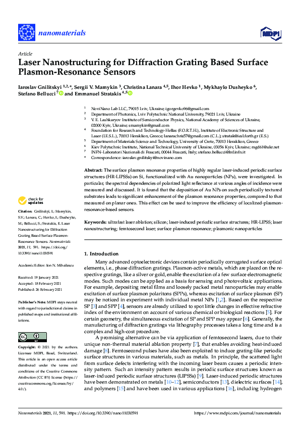 (PDF) Laser Nanostructuring for Diffraction Grating Based Surface Plasmon-Resonance Sensors