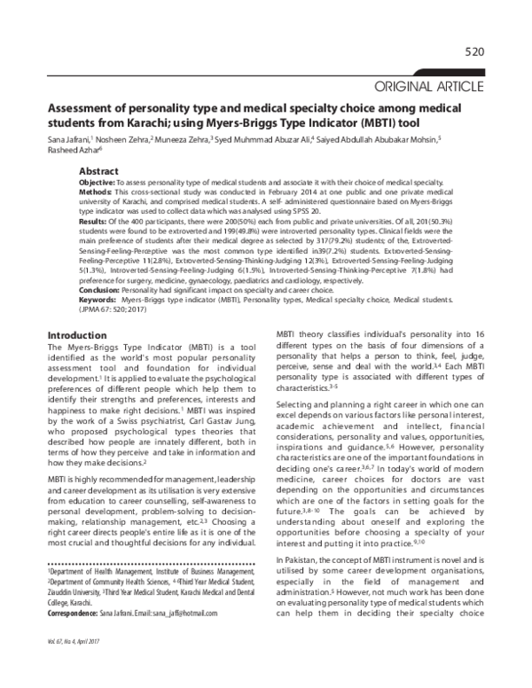 (PDF) Assessment of personality type and medical specialty choice among ...
