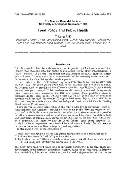 (PDF) Food policy and public health