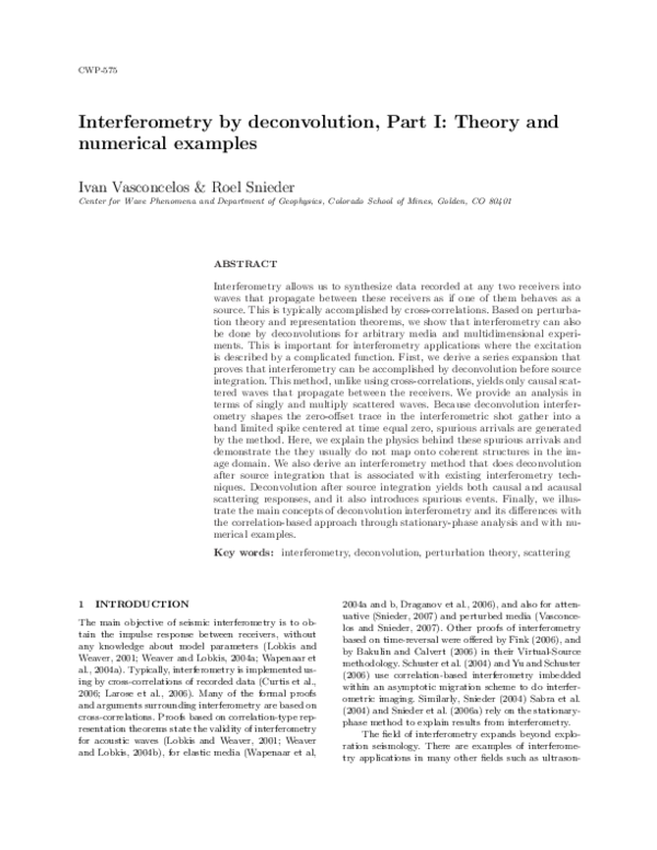 (PDF) CWP-575 Interferometry by deconvolution, Part I: Theory and numerical examples