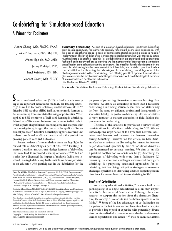 Pdf Co Debriefing For Simulation Based Education