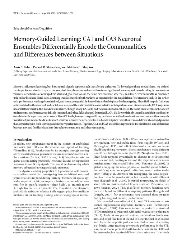 (PDF) Memory-Guided Learning: CA1 and CA3 Neuronal Ensembles Differentially Encode the ...
