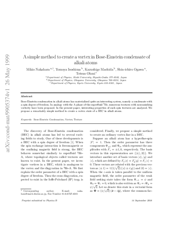 Pdf A Simple Method To Create A Vortex In Boseeinstein Condensate Of