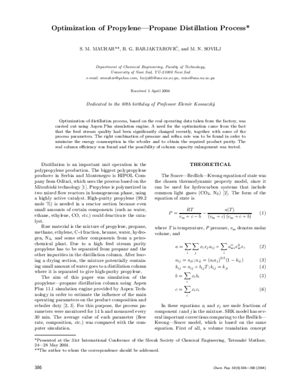 (PDF) Optimization of Propylene—Propane Distillation Process