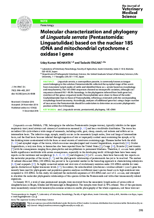 (PDF) Molecular characterization and phylogeny of Linguatula serrata ...