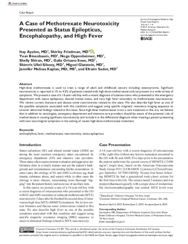 (PDF) A Case of Methotrexate Neurotoxicity Presented as Status ...