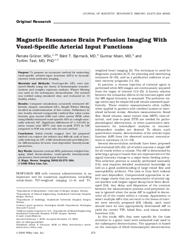 (PDF) Magnetic resonance brain perfusion imaging with voxel-specific arterial input functions