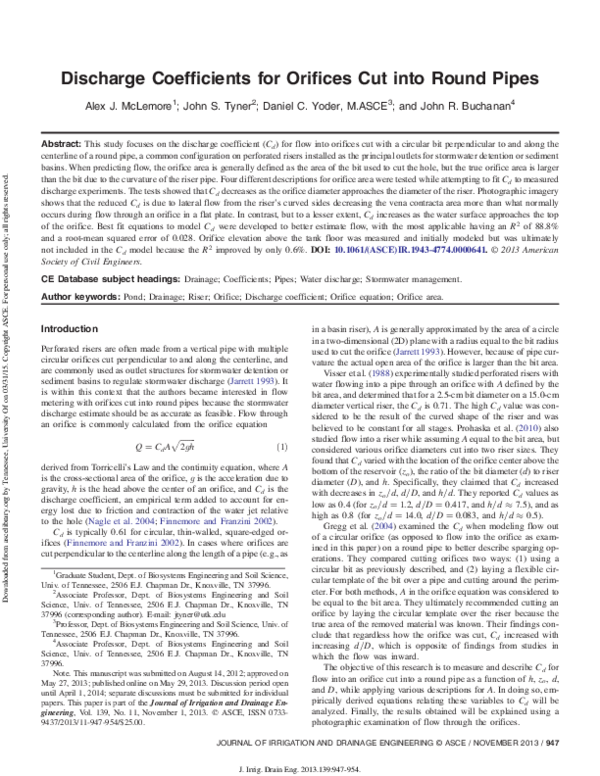 Discharge Coefficients for Orifices Cut into Round Pipes