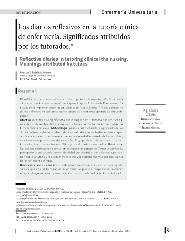 (PDF) Los diarios reflexivos en la tutoría clínica de enfermería: Significados atribuidos por ...
