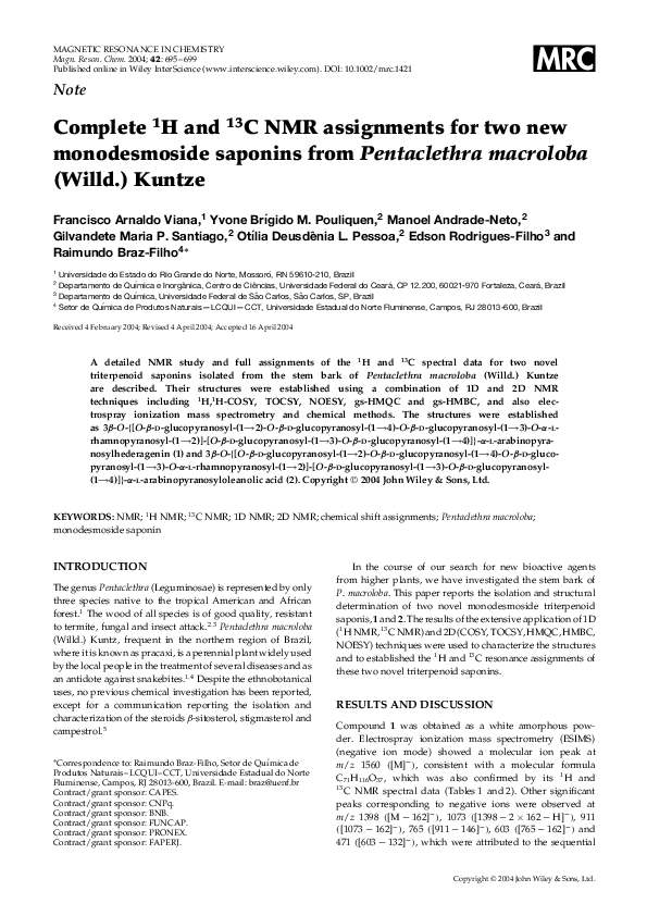 (PDF) Complete 1H and 13C NMR assignments for two new monodesmoside ...