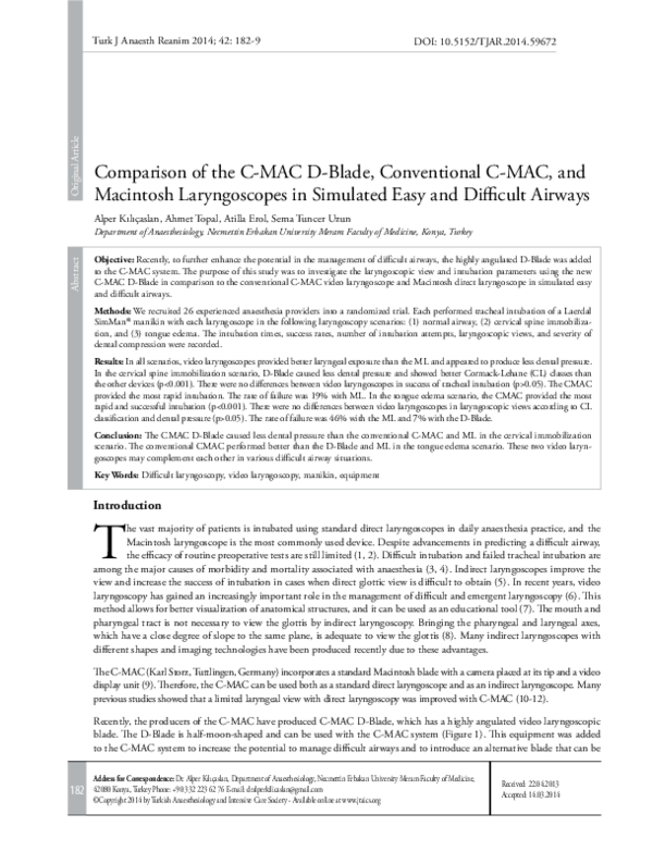 (PDF) Comparison of the C-MAC D-Blade, Conventional C-MAC, and ...