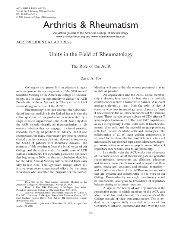 (PDF) Unity in the field of rheumatology: The role of the ACR Presented ...