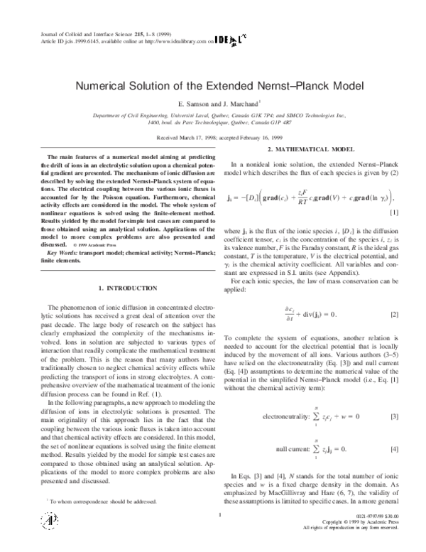 (PDF) Numerical Solution of the Extended Nernst–Planck Model
