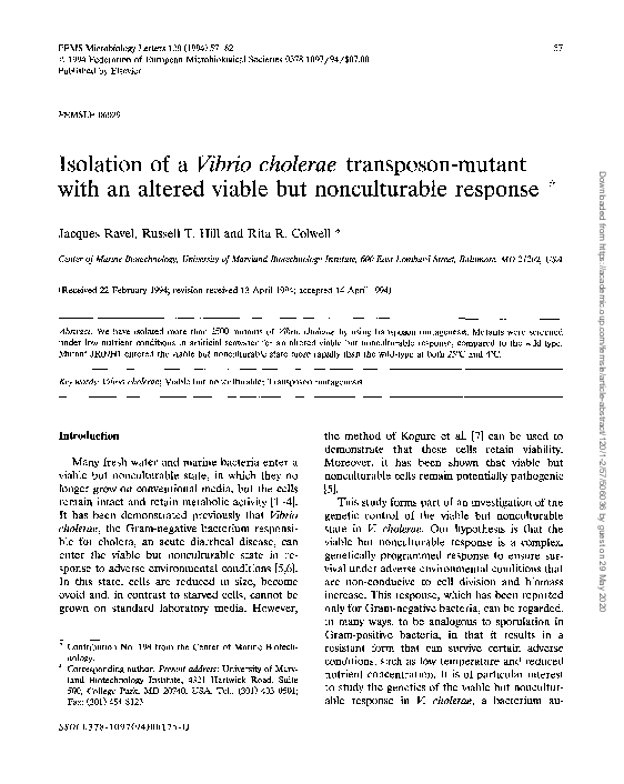 (PDF) Isolation of a Vibrio cholerae transposon-mutant with an altered viable but nonculturable ...