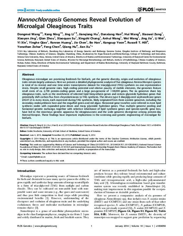 (PDF) Nannochloropsis Genomes Reveal Evolution of Microalgal Oleaginous Traits