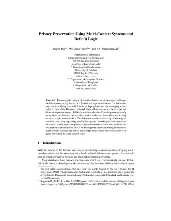 (PDF) Multi-Context Systems and Default Logic for Privacy Preservation