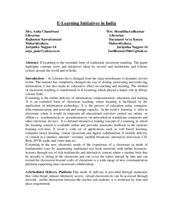 (PDF) E-Learning Initiatives in India