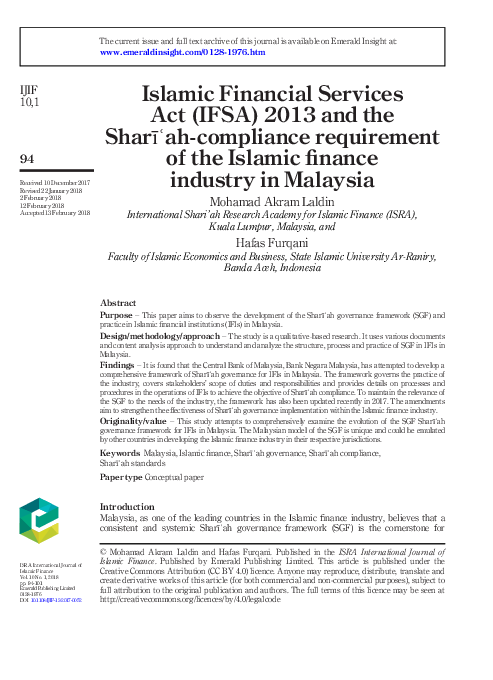 (PDF) Islamic Financial Services Act (IFSA) 2013 and the Sharīʿah ...