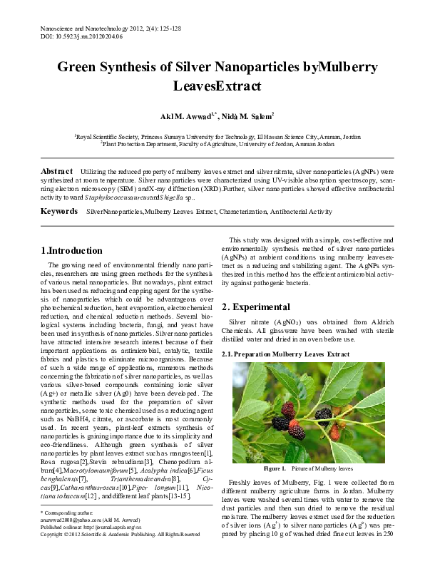 (PDF) Green Synthesis of Silver Nanoparticles byMulberry LeavesExtract