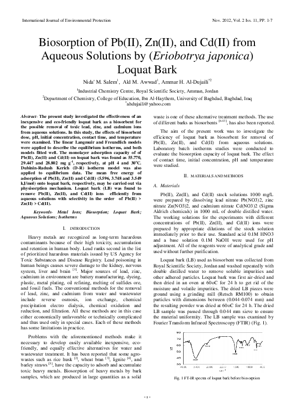 (PDF) Biosorption of Pb (II), Zn (II), and Cd (II) from Aqueous Solutions by (Eriobotrya ...