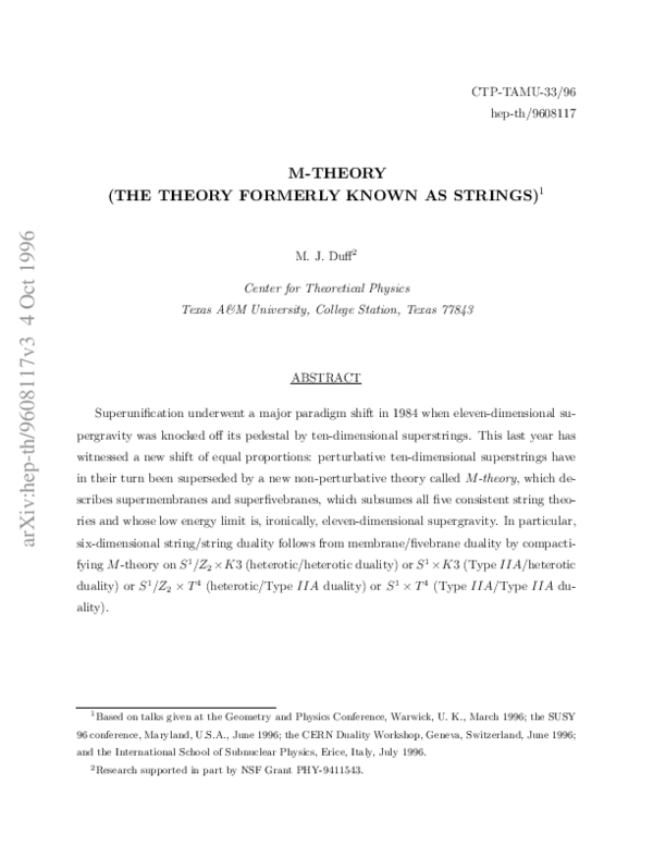 (PDF) M Theory (The Theory Formerly Known as Strings)
