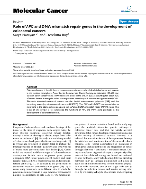 (PDF) Role of APC and DNA mismatch repair genes in the development of colorectal cancers
