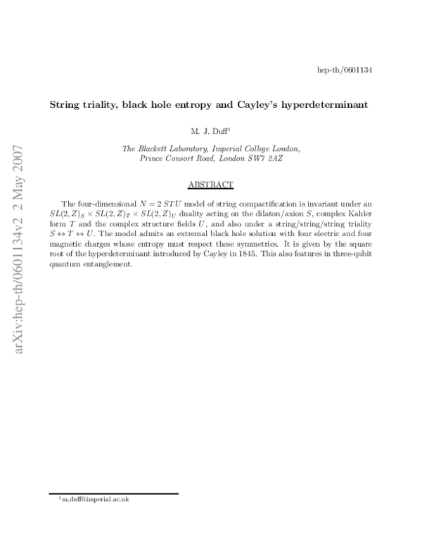 (PDF) String triality, black hole entropy, and Cayley’s hyperdeterminant