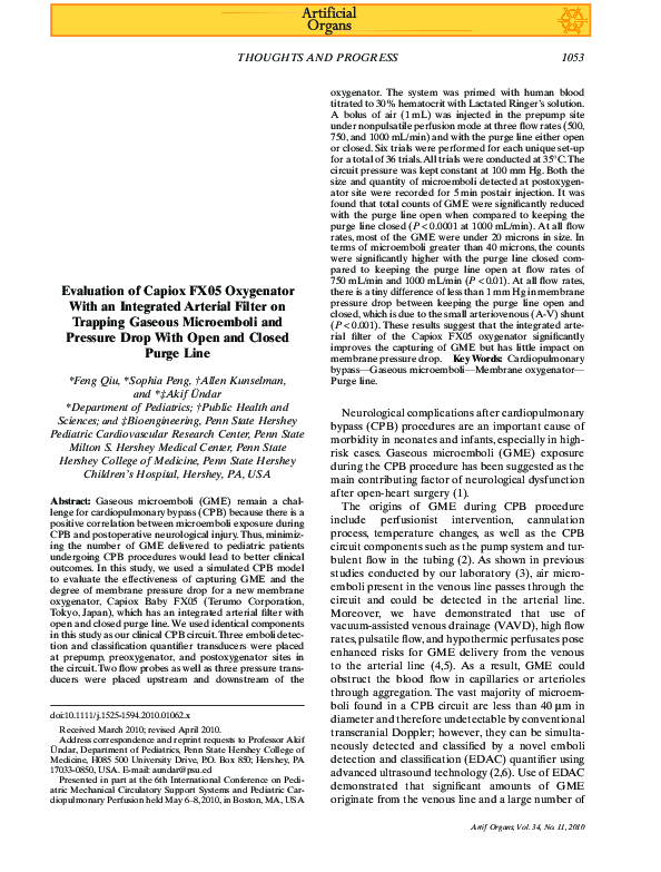 (PDF) Evaluation of Capiox FX05 Oxygenator With an Integrated Arterial ...