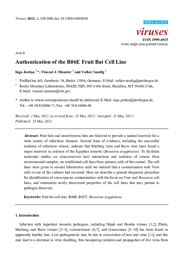 (PDF) Authentication of the R06E Fruit Bat Cell Line