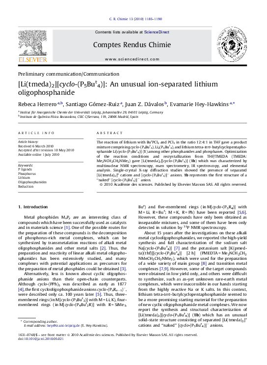 (PDF) [Li (tmeda) 2][cyclo-(P5But4)]: An unusual ion-separated lithium ...
