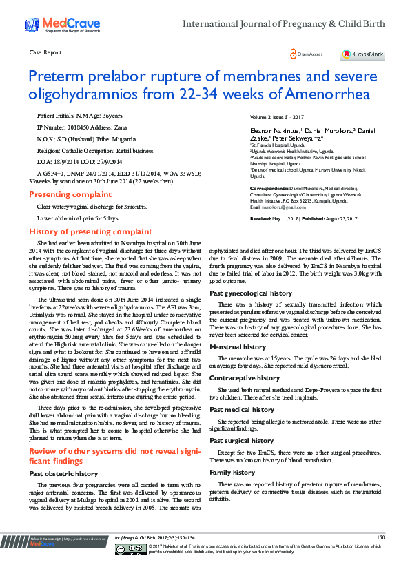 (PDF) Preterm Prelabor Rupture of Membranes and Severe Oligohydramnios ...