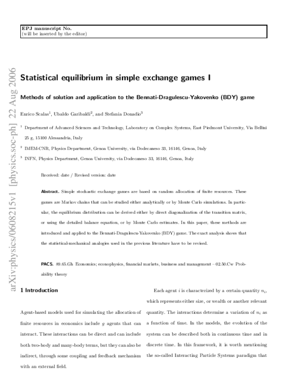 (PDF) Statistical equilibrium in simple exchange games I: methods of solution and application to ...
