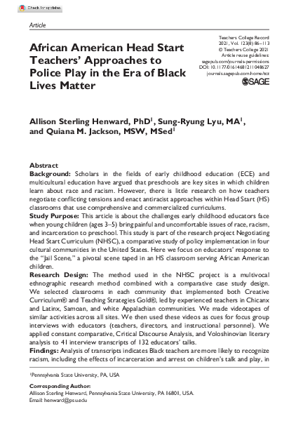 (PDF) African American Head Start Teachers’ Approaches to Police Play ...