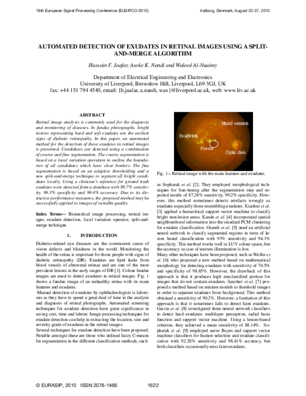 Automated Detection Of Exudates In Retinal Images Using A Split And Merge Algorithm 